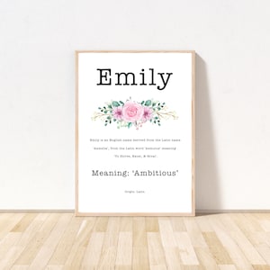Emily Name Meaning Printable With Pink Flowers and Typewriter Font ...