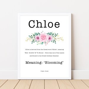 Chloe Name Meaning Printable With Pink Flowers and Typewriter Font ...