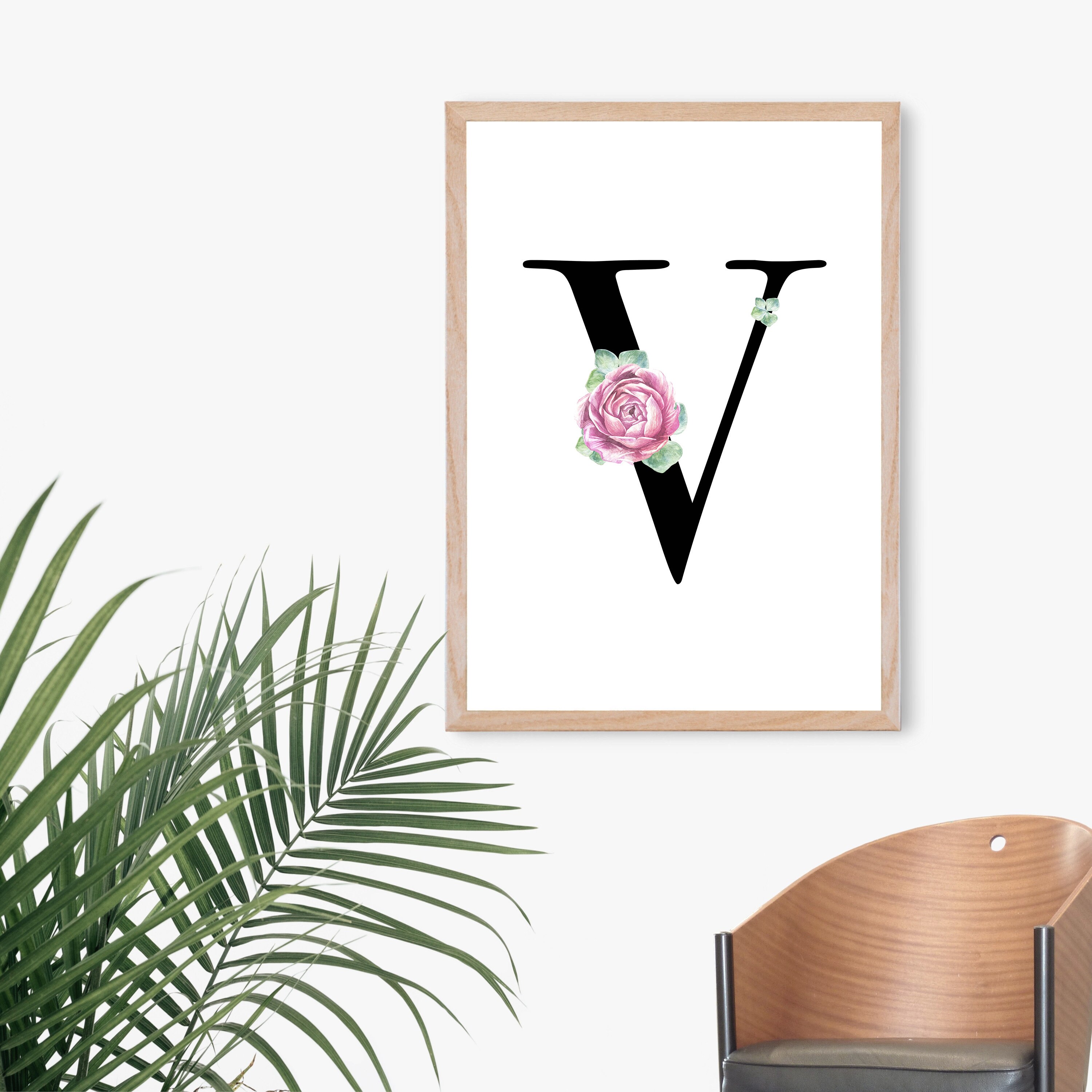 Letter 'V' Pink Rose Floral Monogram Print | Etsy