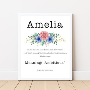 Amelia Name Meaning Printable With Pink and Blue Flowers and Typewriter ...