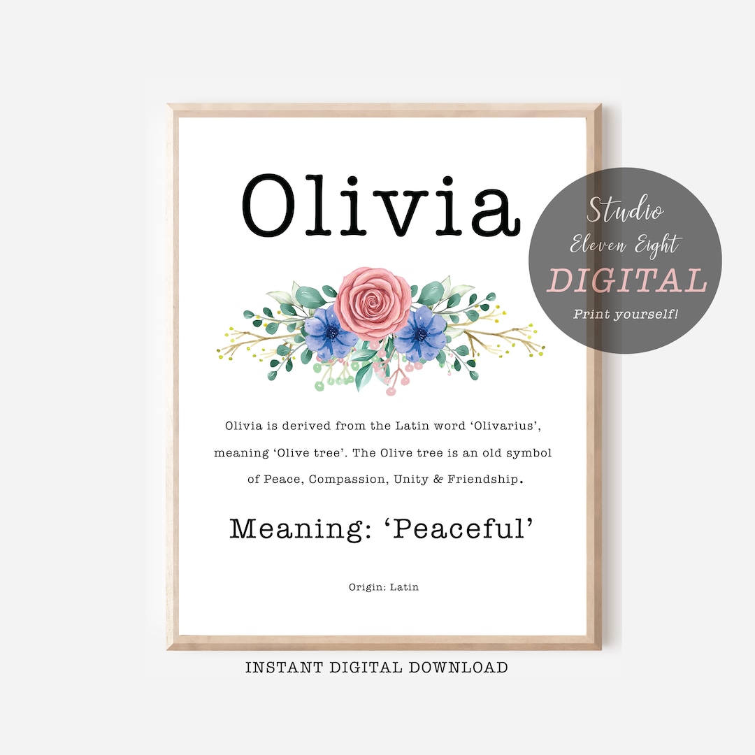 Olivia Name Meaning Printable With Pink and Blue Flowers and Typewriter Font, Olivia ...