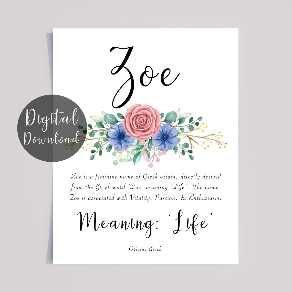 Zoe Name Meaning Printable With Pink and Blue Flowers and Calligraphy ...