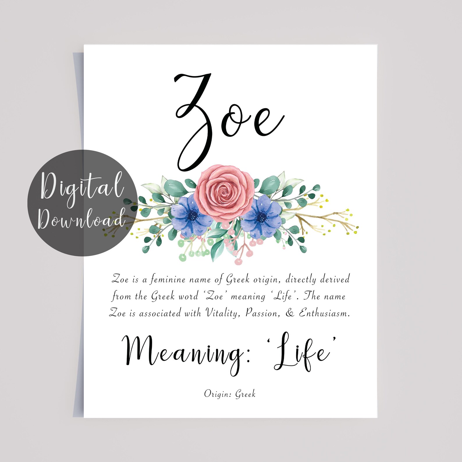 Zoe Name Meaning Printable With Pink and Blue Flowers and Calligraphy ...