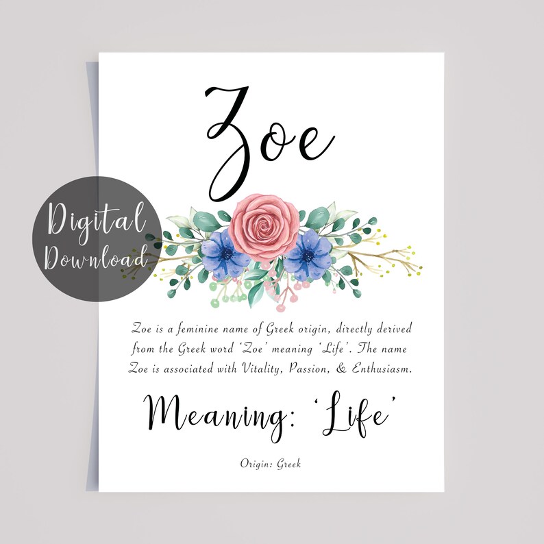 Zoe Name Meaning Printable With Pink and Blue Flowers and Calligraphy ...