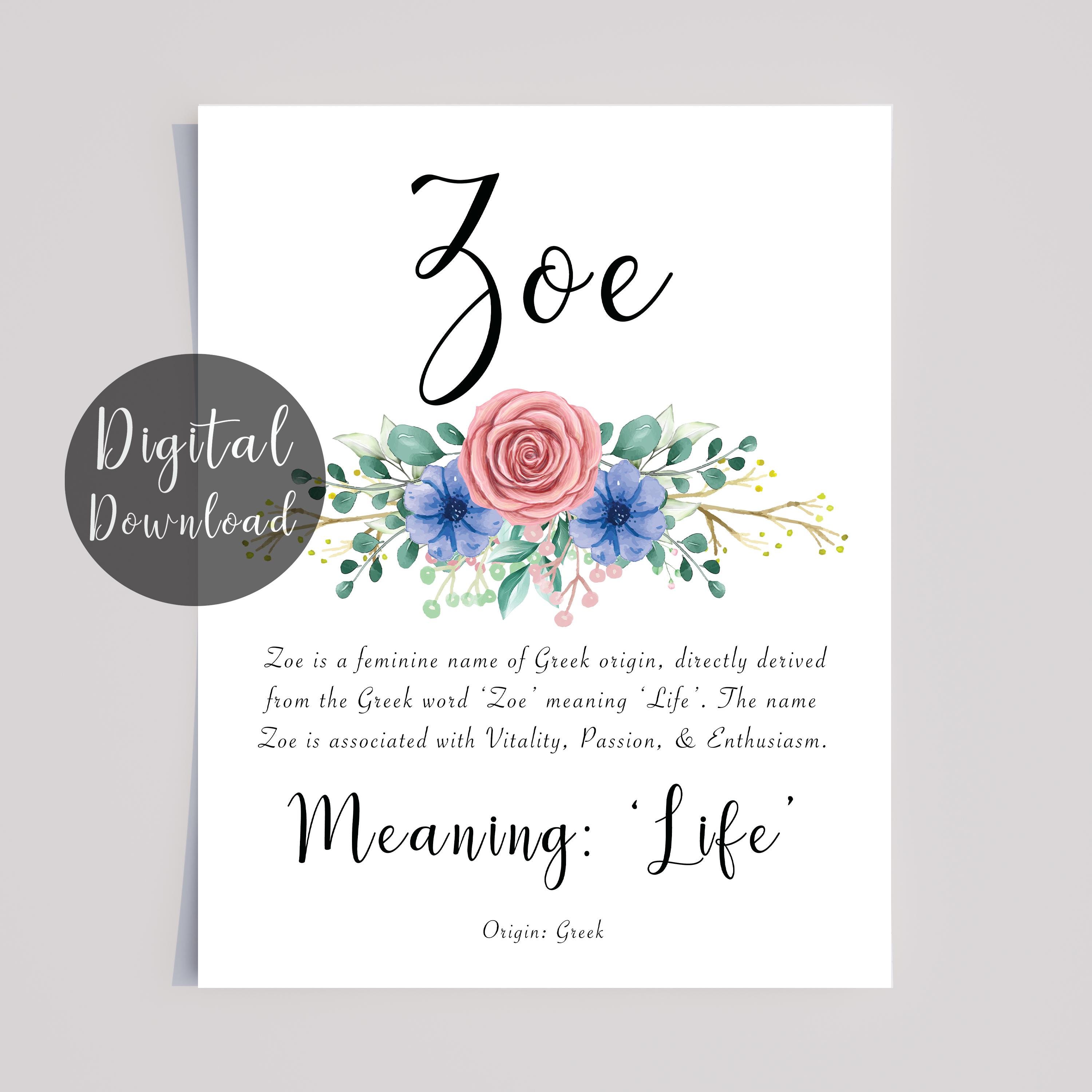 Zoe Name Meaning Printable With Pink and Blue Flowers and Calligraphy ...