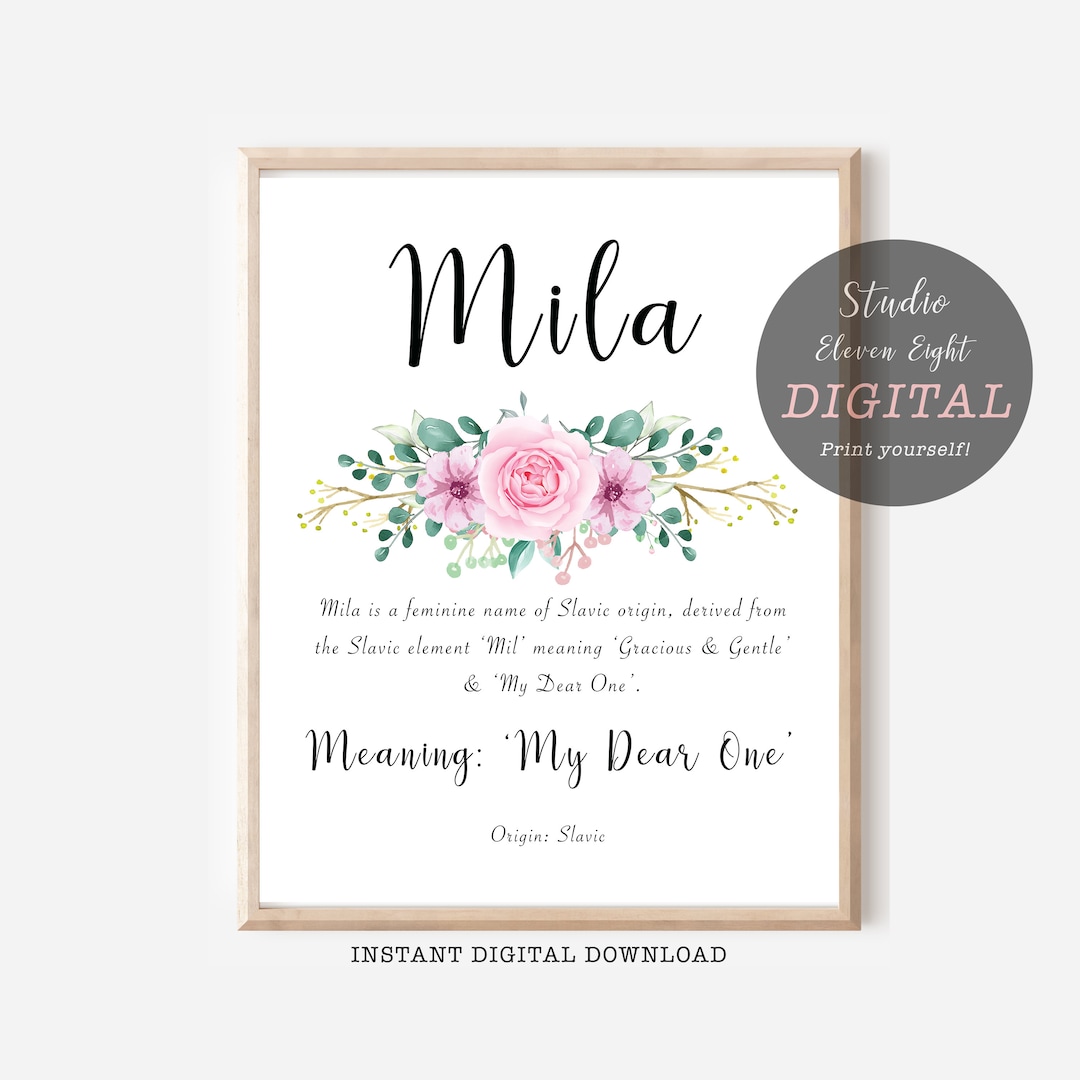 Mila Name Meaning Printable With Pink Floral Artwork, Mila Digital ...