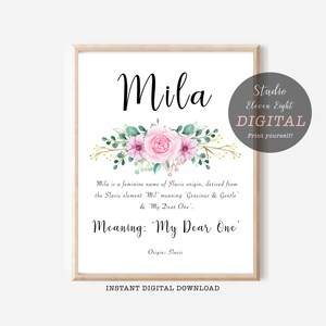 Mila Name Meaning Printable With Pink Floral Artwork, Mila Digital ...