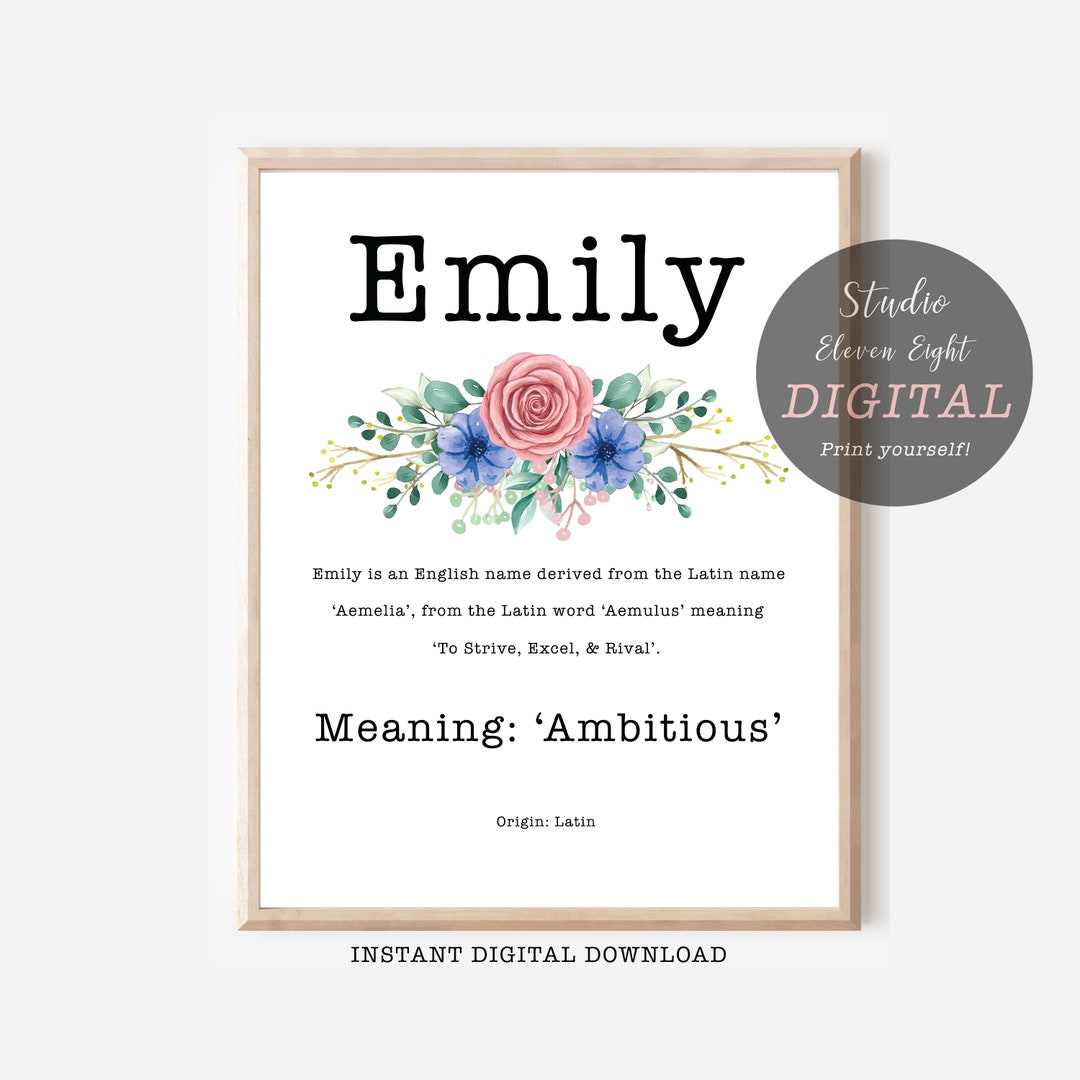 Emily Name Meaning Printable With Pink and Blue Flowers and Typewriter ...