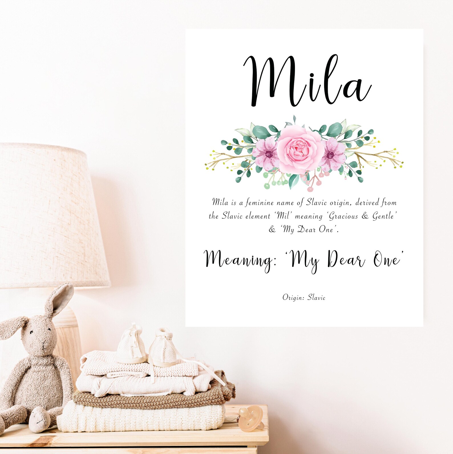 Mila Name Meaning Printable With Pink Flowers and Calligraphy Style ...