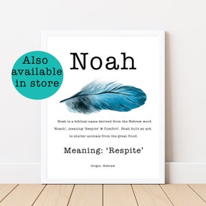 Noah Name Meaning Digital Print, Blue Feather, Noah Name Sign Printable ...