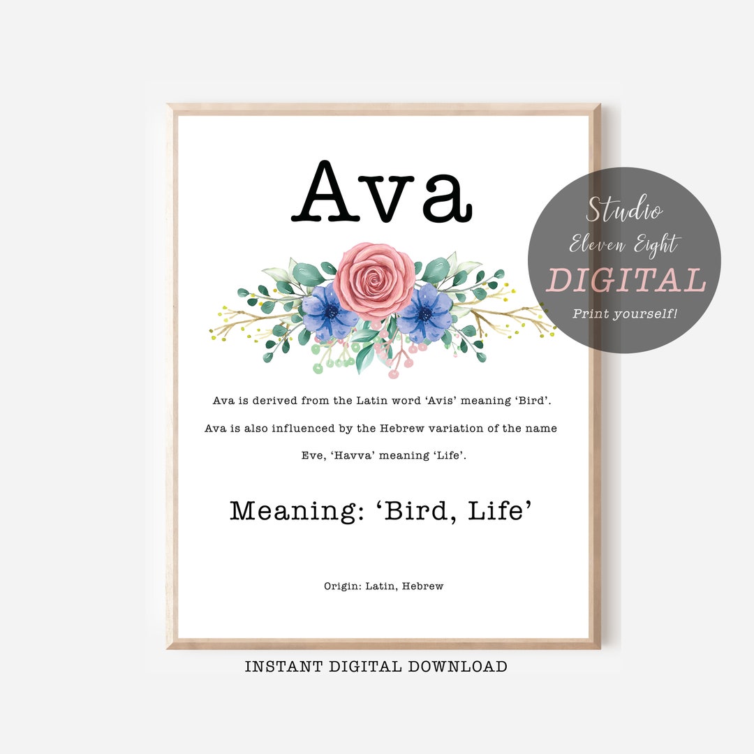 Ava Name Meaning Printable With Pink and Blue Flowers and Typewriter ...
