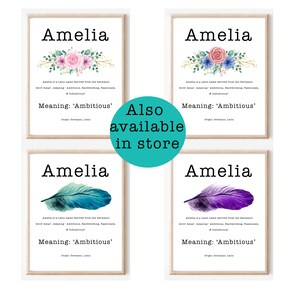Amelia Name Meaning Printable With Pink and Blue Flowers and Typewriter ...