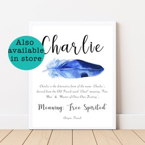 Charlie Name Meaning Digital Printable With Blue Feather and Typewriter ...
