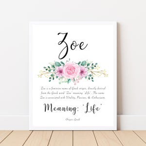 Zoe Name Meaning Printable With Pink Flowers and Calligraphy : Digital ...