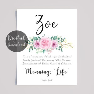 Zoe Name Meaning Printable With Pink Flowers and Calligraphy : Digital ...