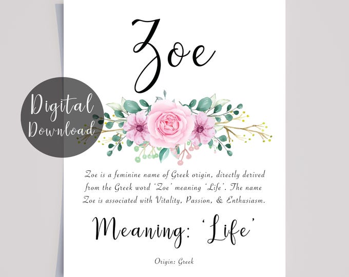 Zoe Name Meaning Printable With Pink Flowers and Calligraphy : Digital ...