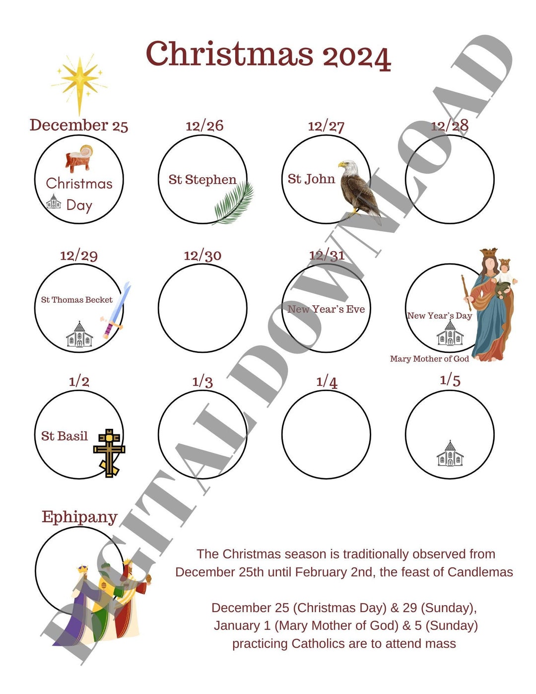 Catholic Christmas Calendar Countdown Feast Holy Days 2024 to 2025 - Etsy