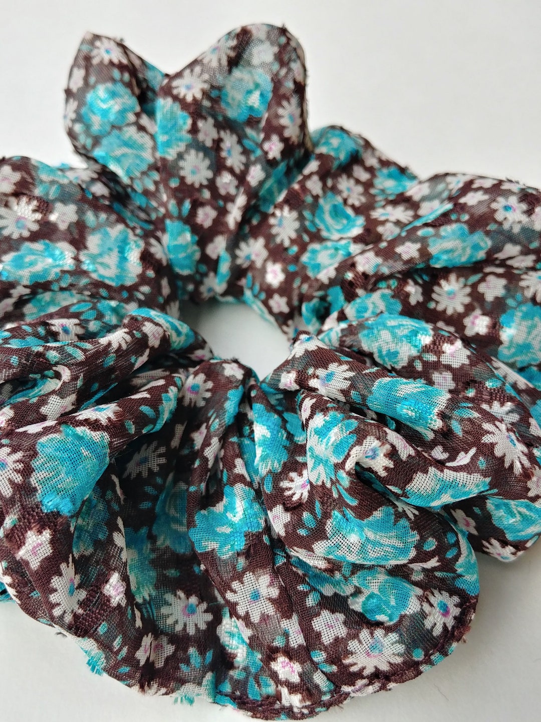 Jumbo, Big Scrunchie, Aqua and White Flowers Sheer Scrunchie, Scrunchy ...