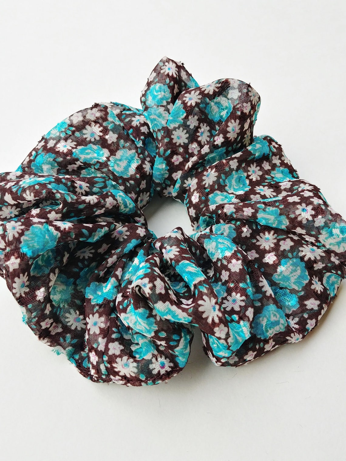 Jumbo, Big Scrunchie, Aqua and White Flowers Sheer Scrunchie, Scrunchy ...
