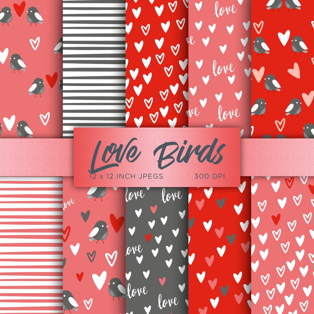 Love Birds Digital Paper Valentines Hearts Romantic Digital Paper Red ...
