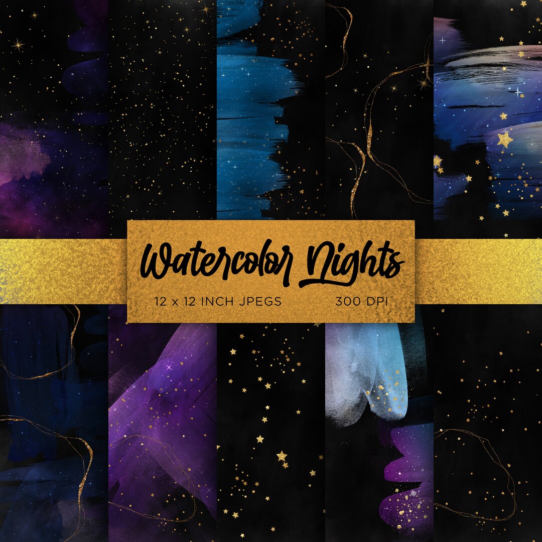 Watercolor Nights Digital Paper Celestial Digital Paper Starry Metallic ...