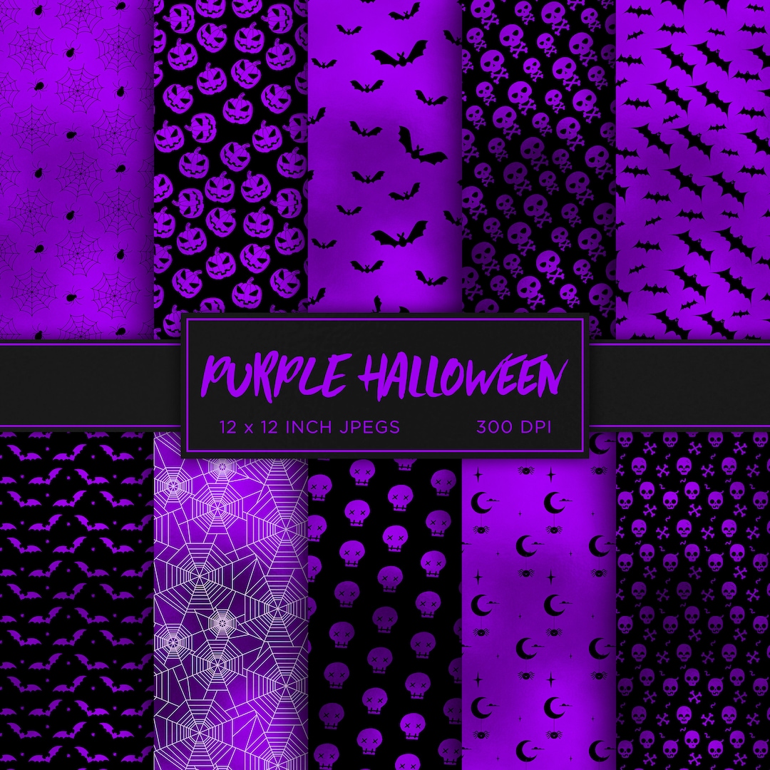 Purple Halloween Digital Paper Metallic Bats Skulls Digital Paper Webs ...