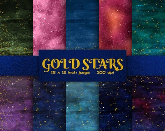 Starry Night Digital Paper Backgrounds, Celestial Digital Paper, Gold ...