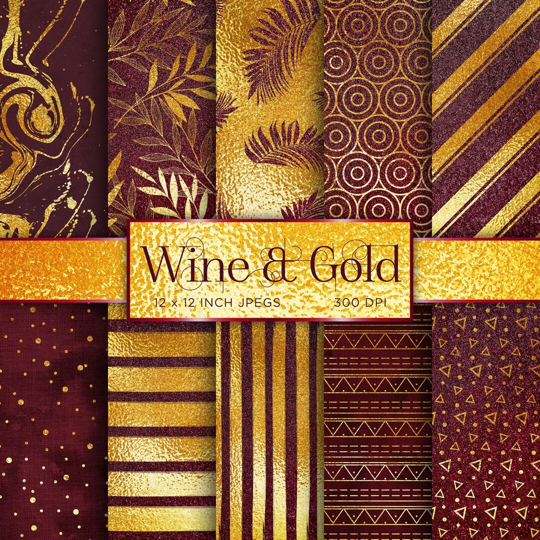Wine and Gold Digital Paper Leaves Digital Paper Marble Chic Maroon ...