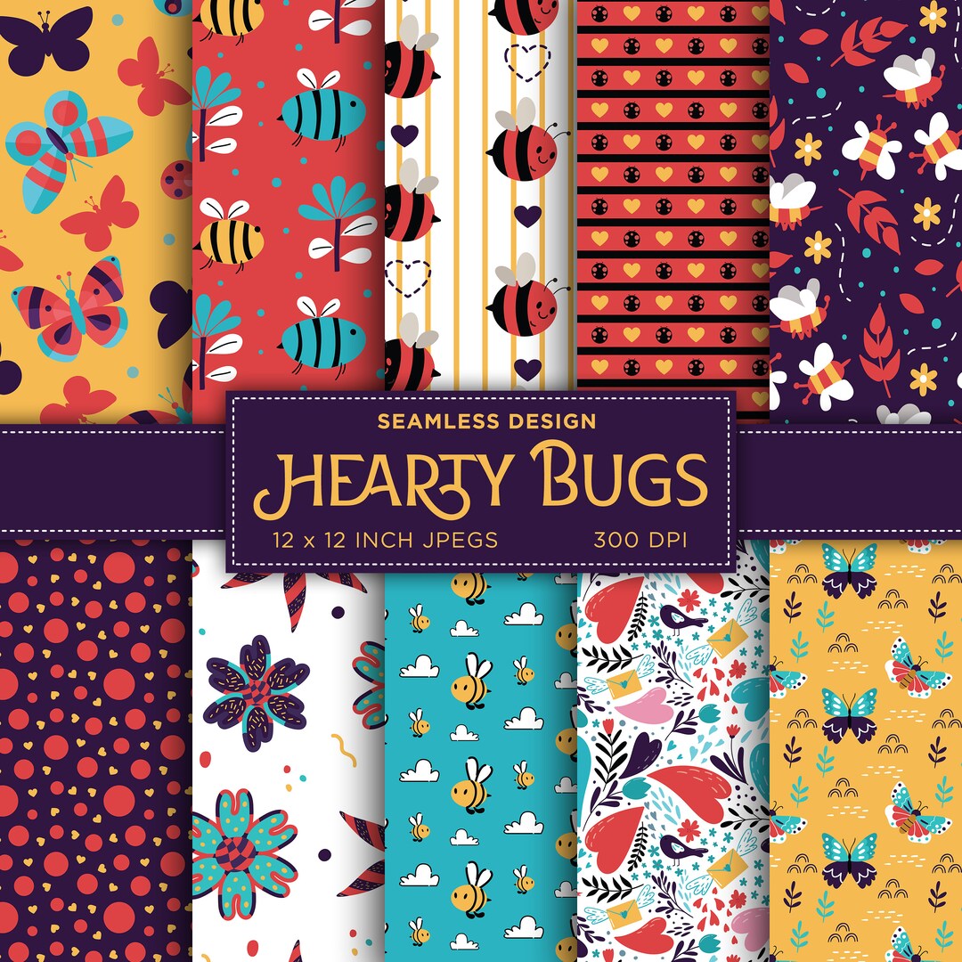 Hearty Bugs Seamless Digital Paper Valentines Day Digital Paper Purple ...
