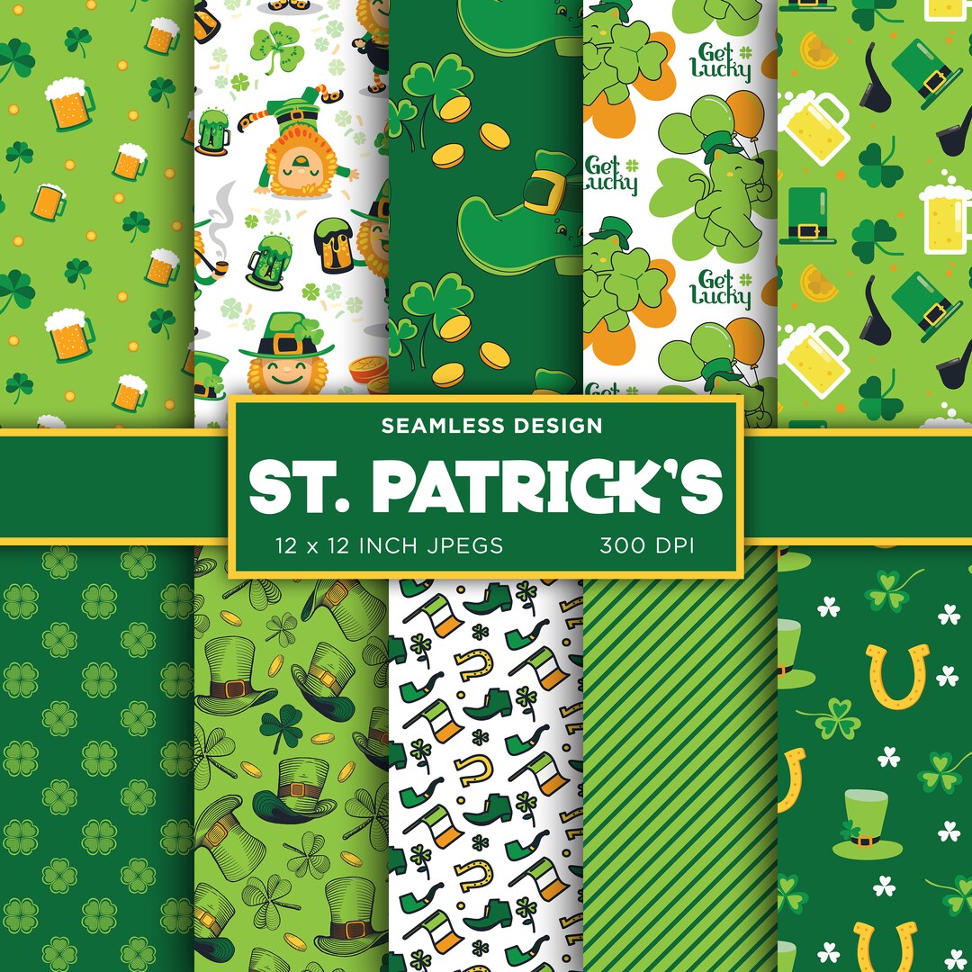 St. Patrick's Day Seamless Digital Paper Four Lead Clover Shamrock ...