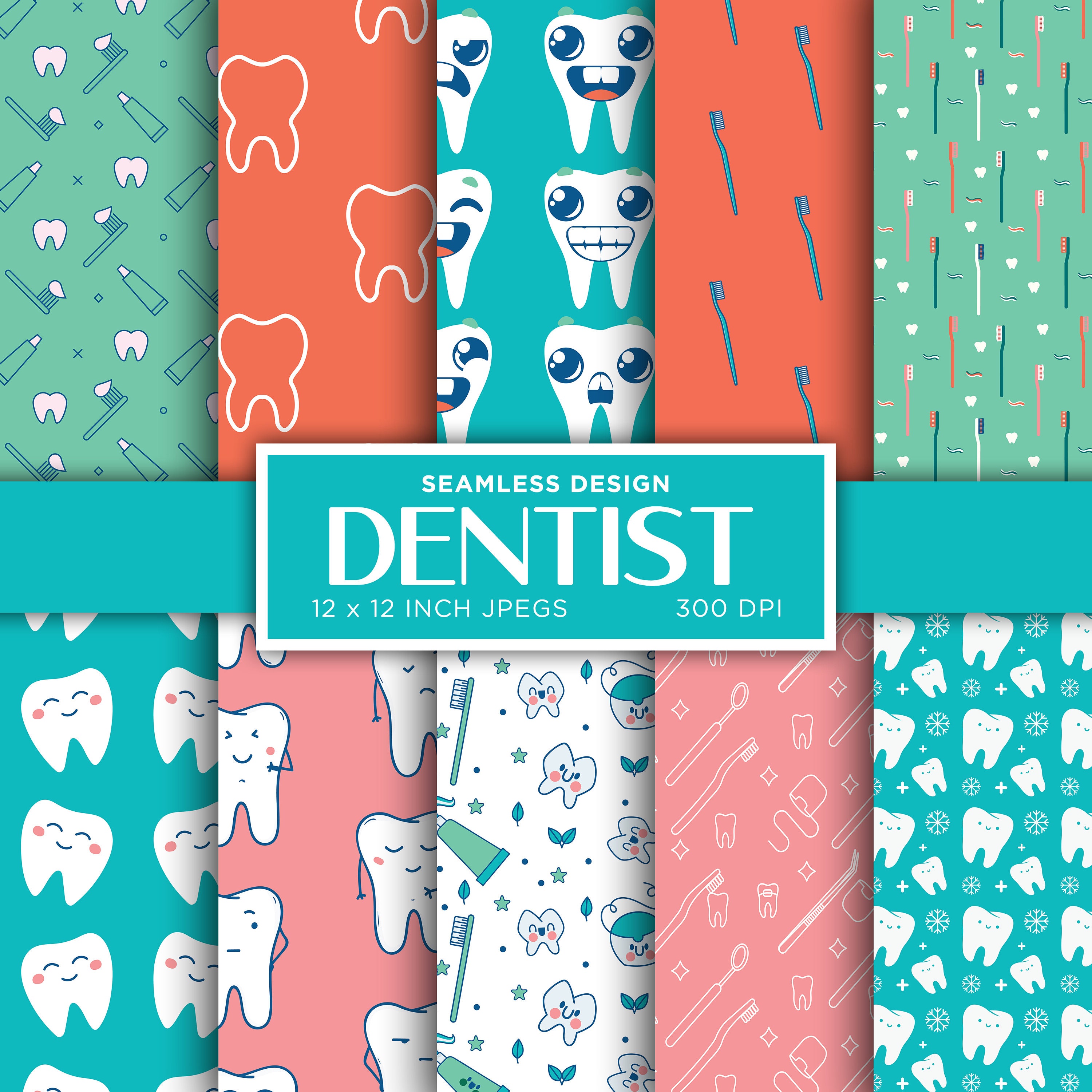 Dentist Seamless Digital Paper Teeth Oral Tooth Floss Dental Brush Blue ...