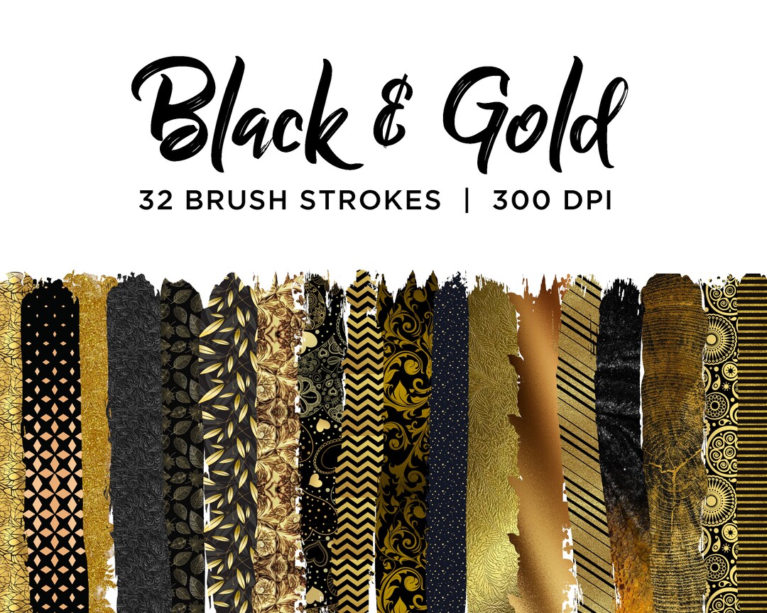Black & Gold Brush Strokes Clipart Glitter, Confetti, Stripes, Foil ...
