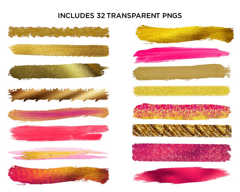 Pink & Gold Brush Strokes Clipart Glitter Confetti Metallic | Etsy