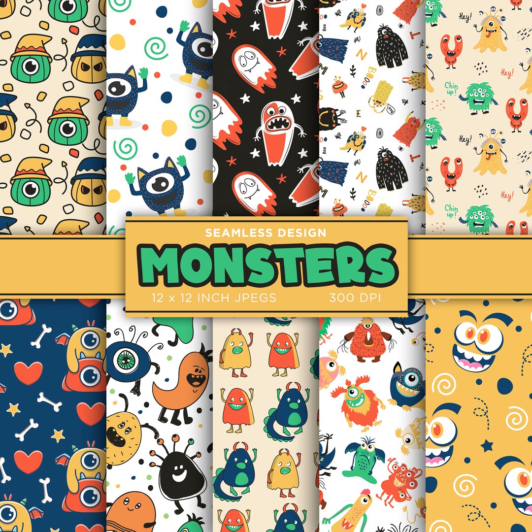 Monsters Seamless Digital Paper Cute Monster Party Theme Alien Scary ...
