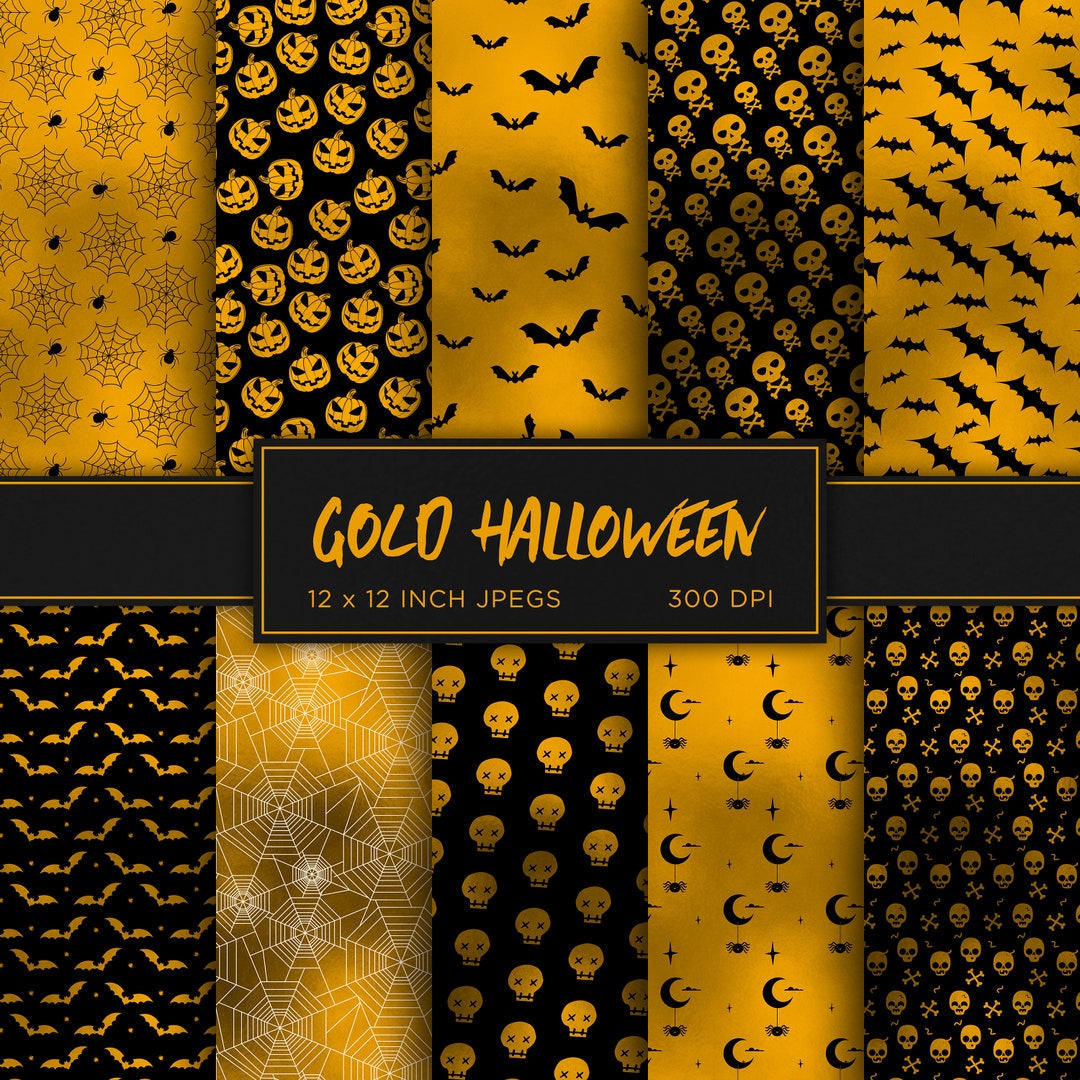 Gold Halloween Digital Paper Metallic Bats Skulls Digital Paper Webs ...