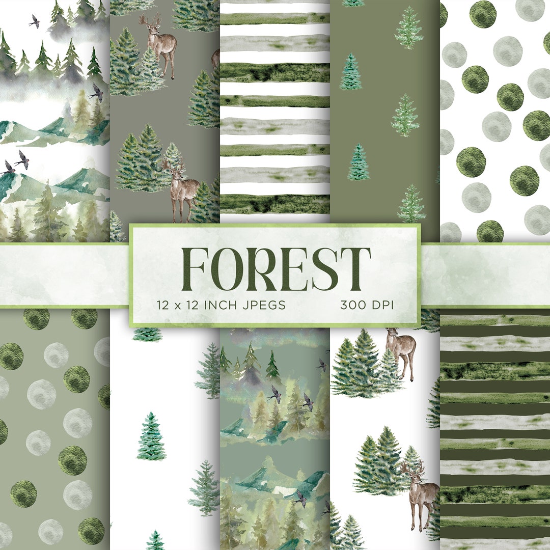 Forest Digital Paper Green Woods Digital Paper Reindeer Trees White ...