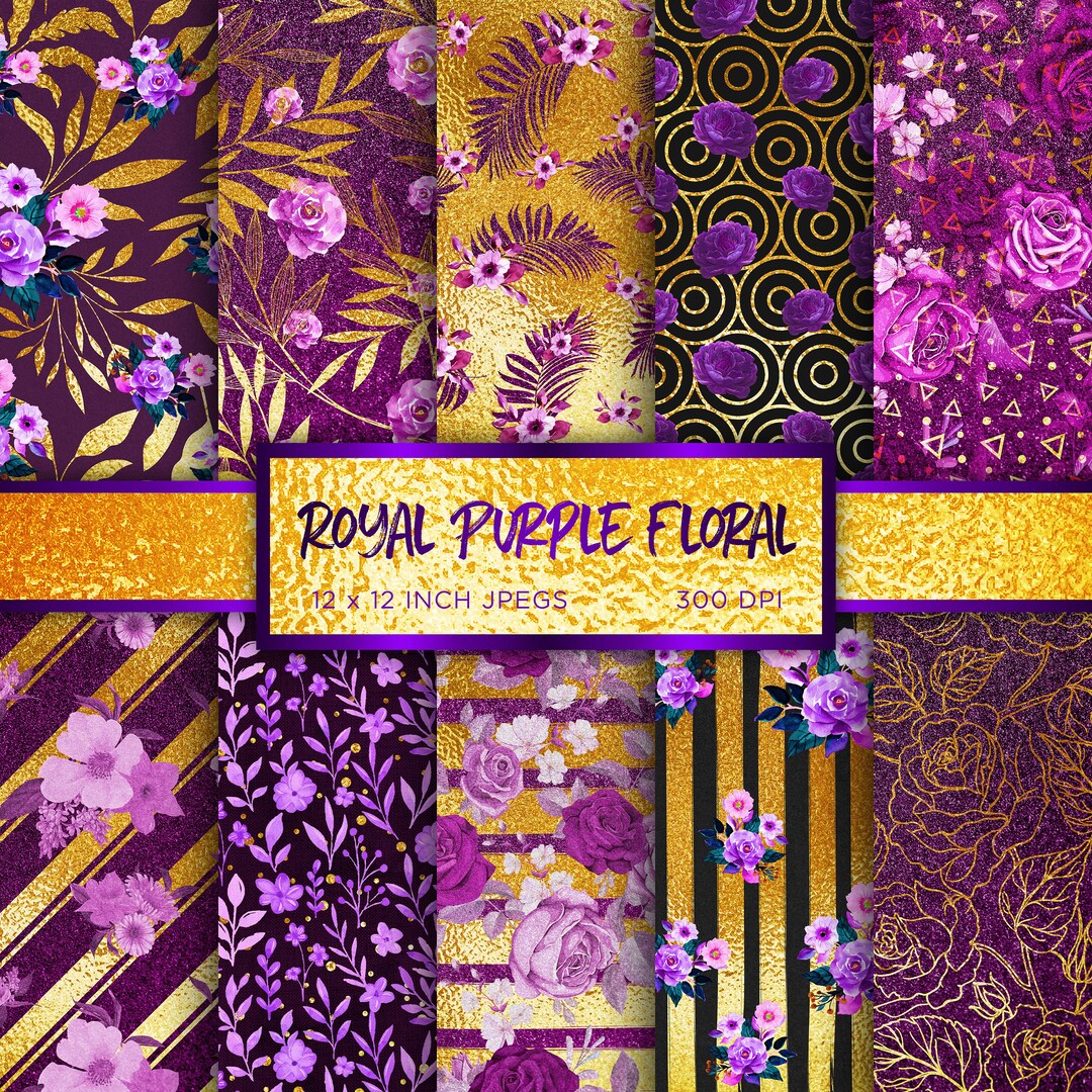 Royal Purple Floral Digital Paper Flower Digital Paper Pink Glitter ...