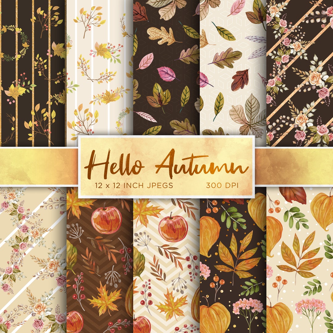 Hello Autumn Leaves Digital Paper Fall Digital Paper Harvest Colors ...