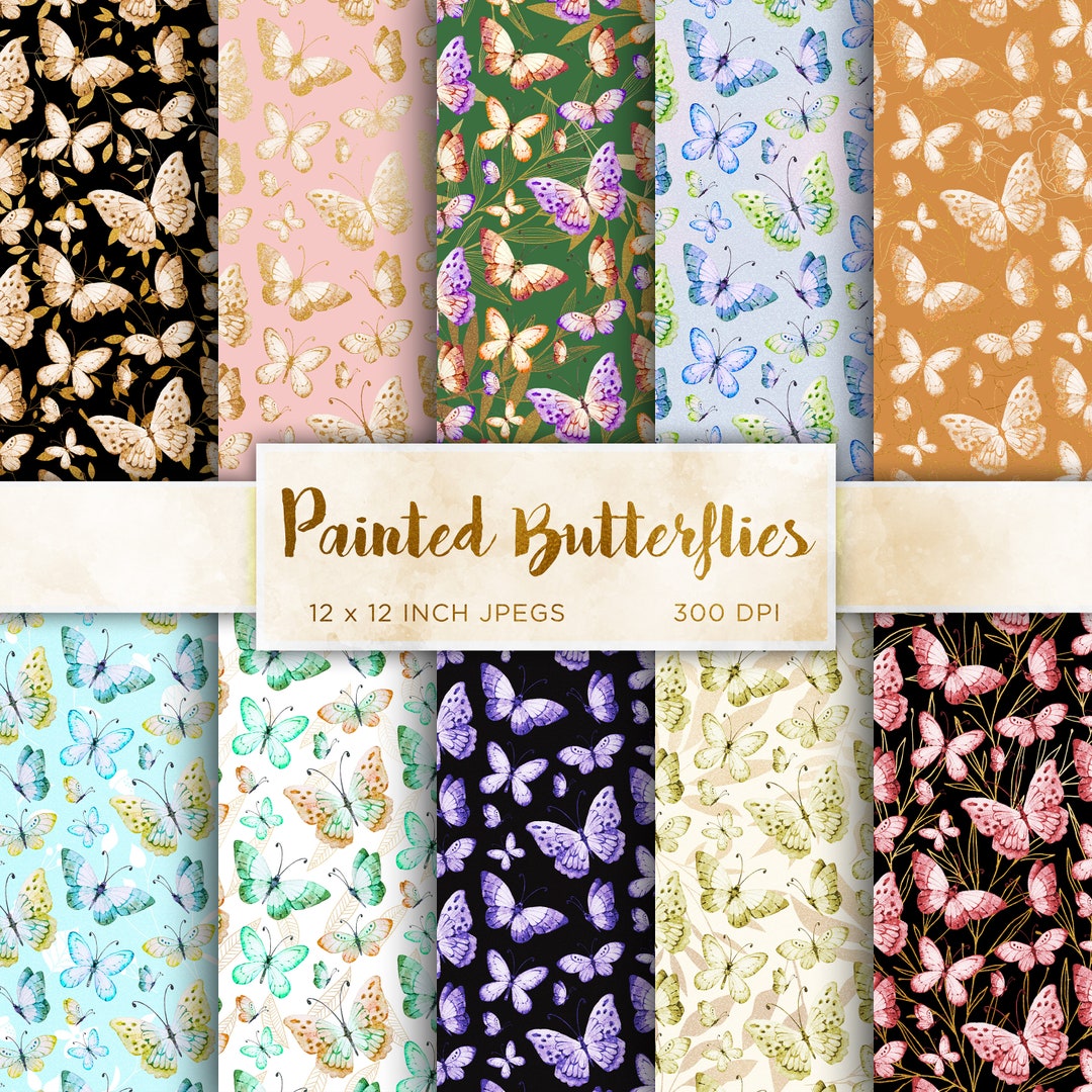 Painted Butterflies Digital Paper Watercolor Digital Paper Metallic ...