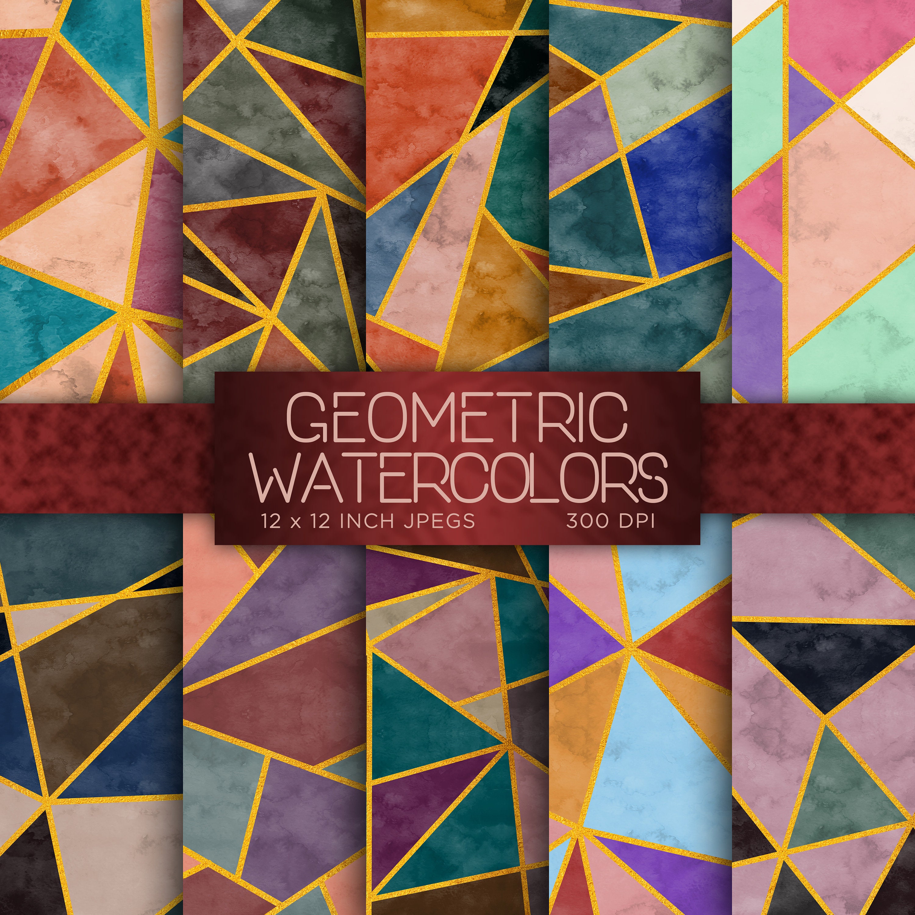 Geometric Watercolors Digital Paper Multicolored Digital Paper Bold ...