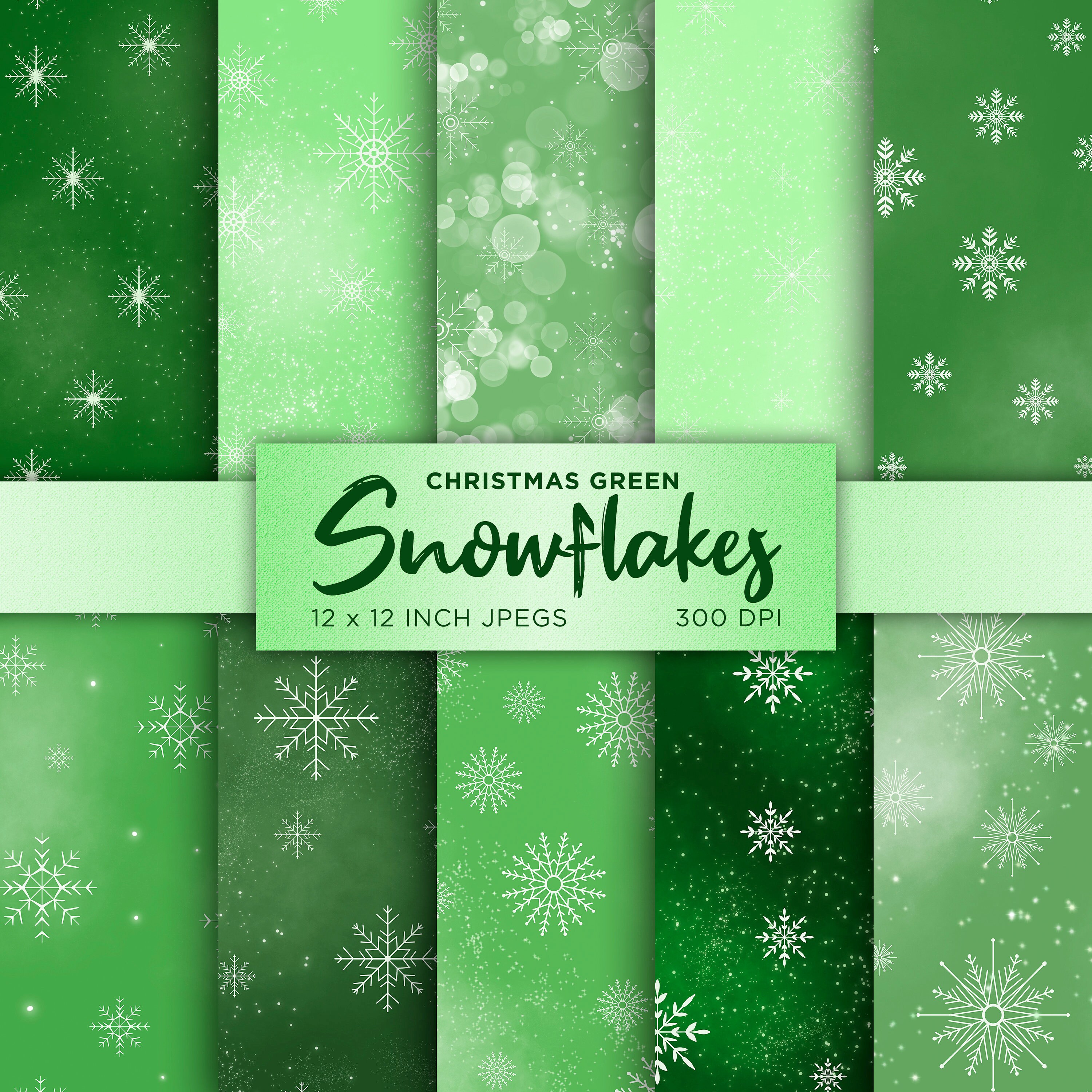 Christmas Green Snowflakes Digital Paper Winter Snow Digital Paper Ice ...