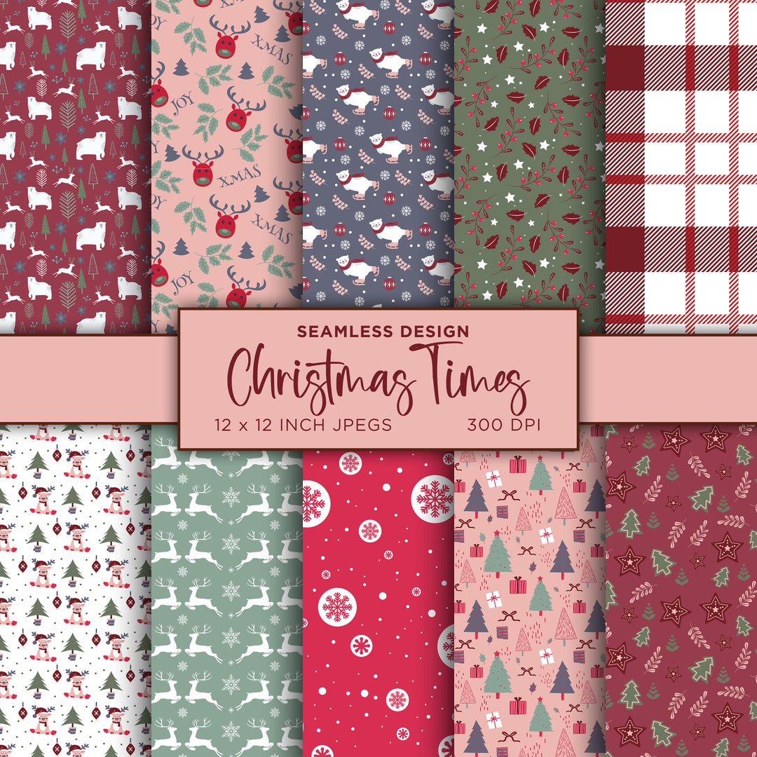 Christmas Times Seamless Digital Paper Xmas Santa Digital Paper Tree ...