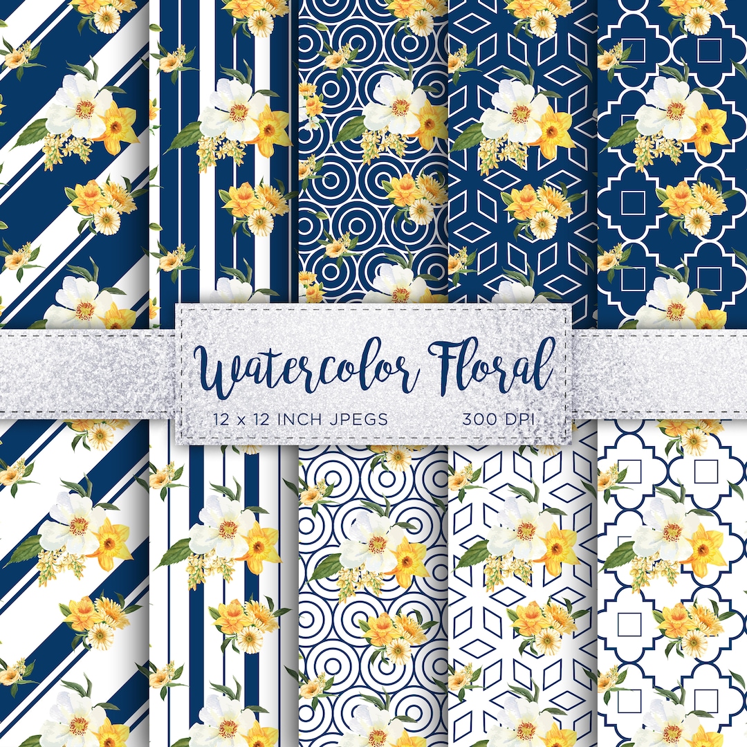 Watercolor Floral Digital Paper Flower Digital Paper Navy Blue Colors ...
