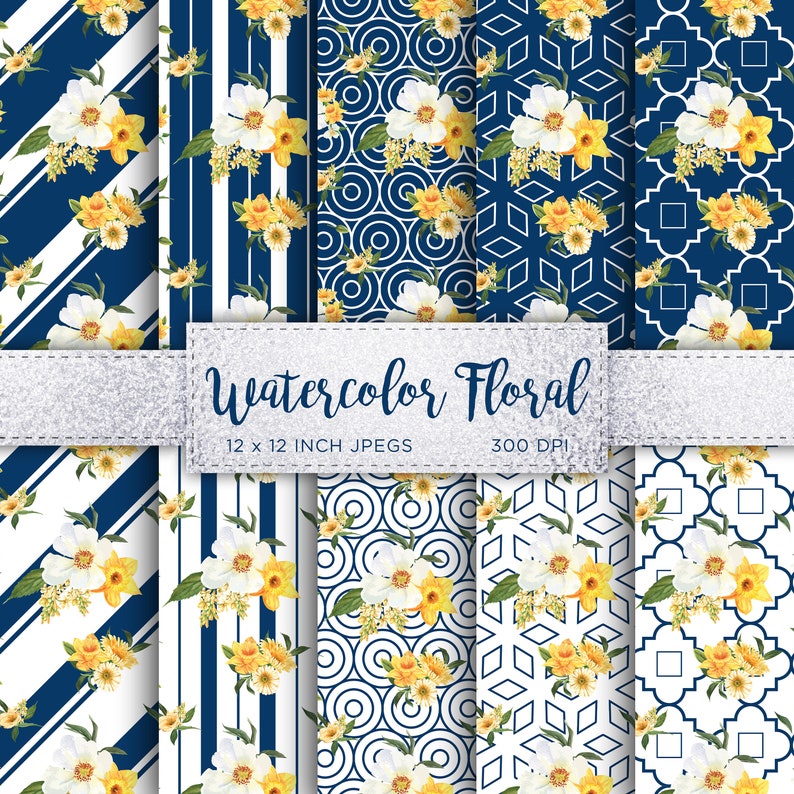 Watercolor Floral Digital Paper Flower Digital Paper Navy Blue Colors ...