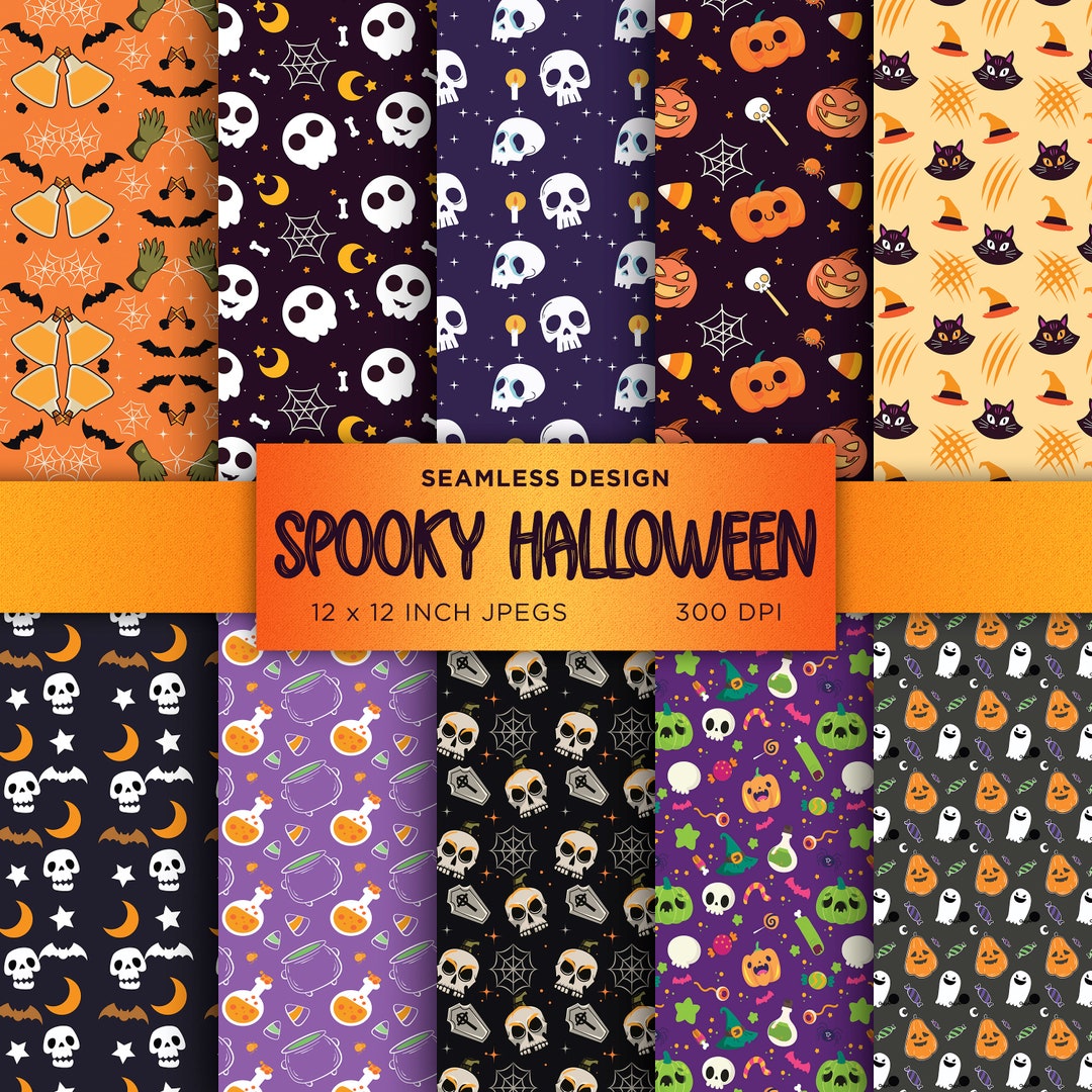 Spooky Halloween Seamless Digital Paper Metallic Ghosts Skulls Digital ...
