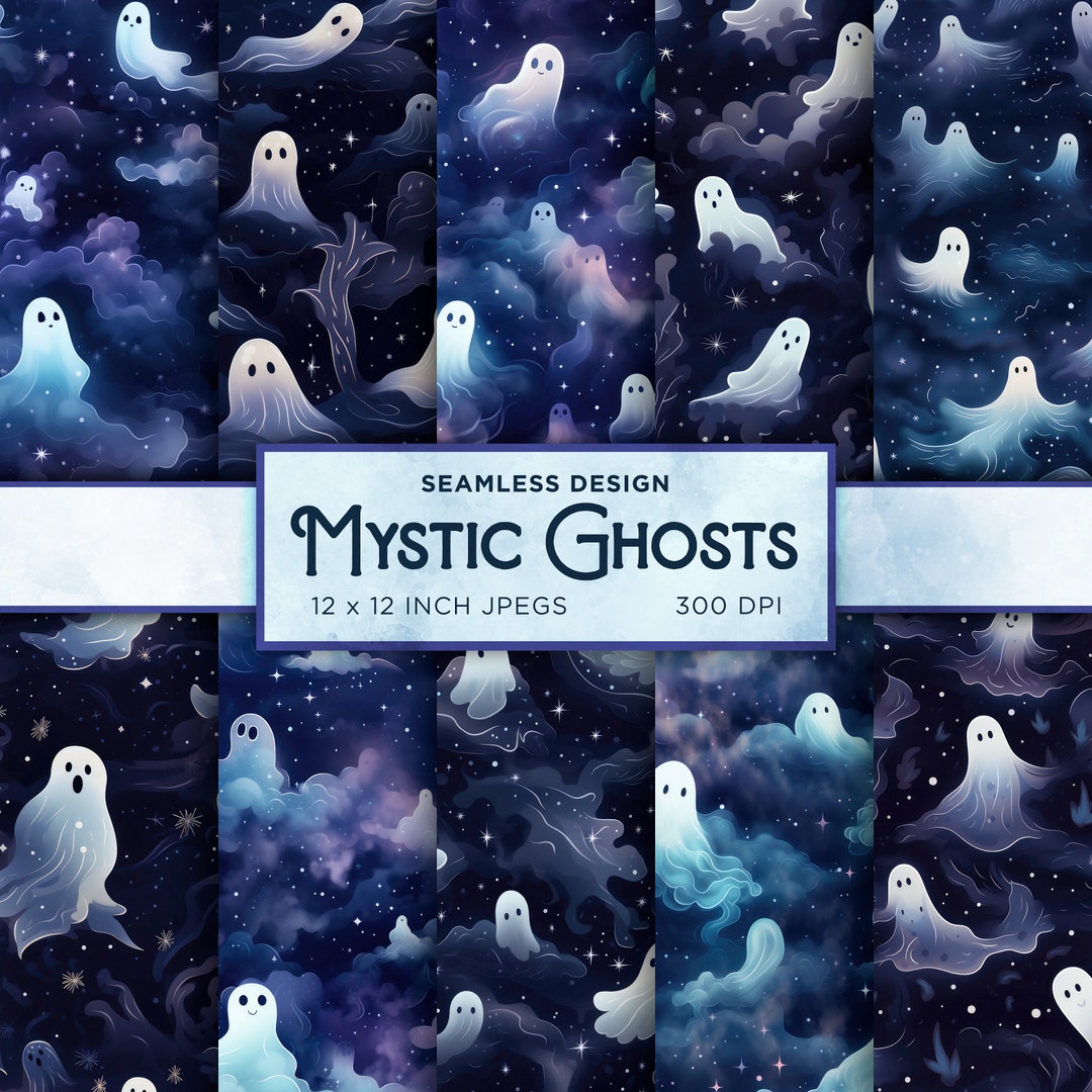 Mystic Ghosts Seamless Digital Paper Cute Ghosts Halloween Night ...