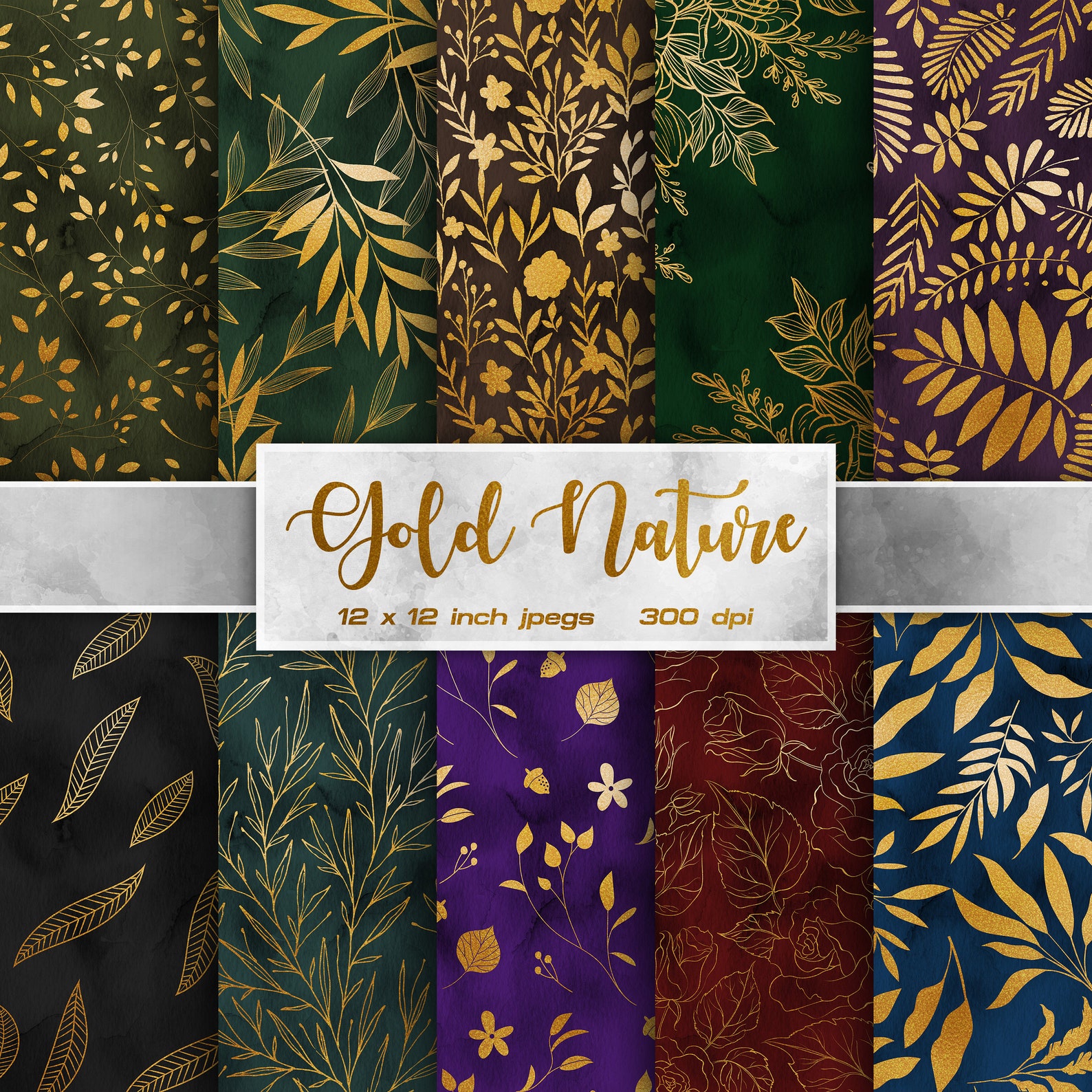 Gold Leaves Digital Paper Floral Flower Digital Paper Nature Colors ...