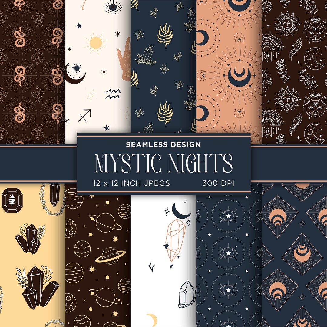 Mystic Nights Seamless Digital Paper Celestial Scrapbooking Moon Stars ...