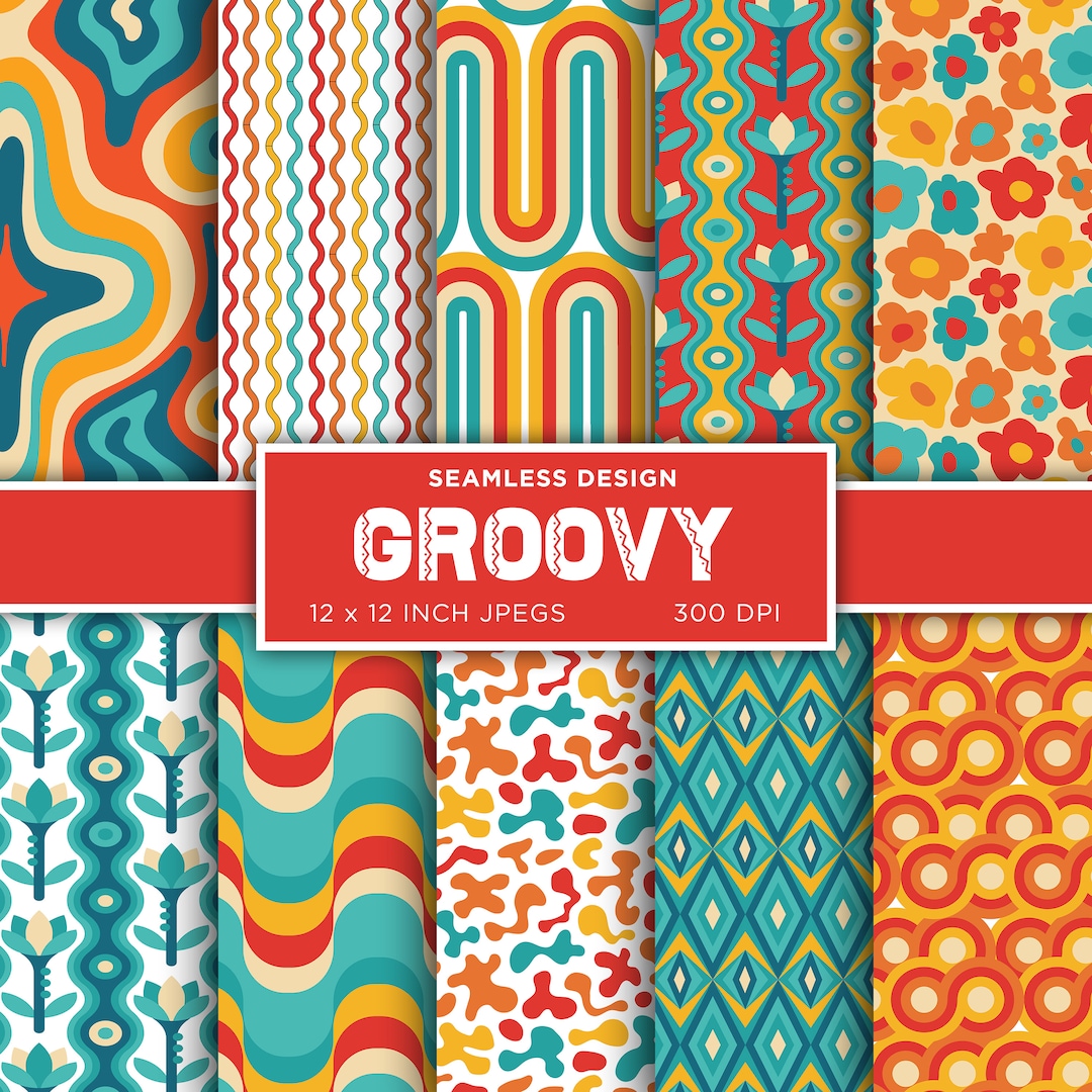 Groovy Seamless Digital Paper Digital Old School 80's 90's Teal Red ...