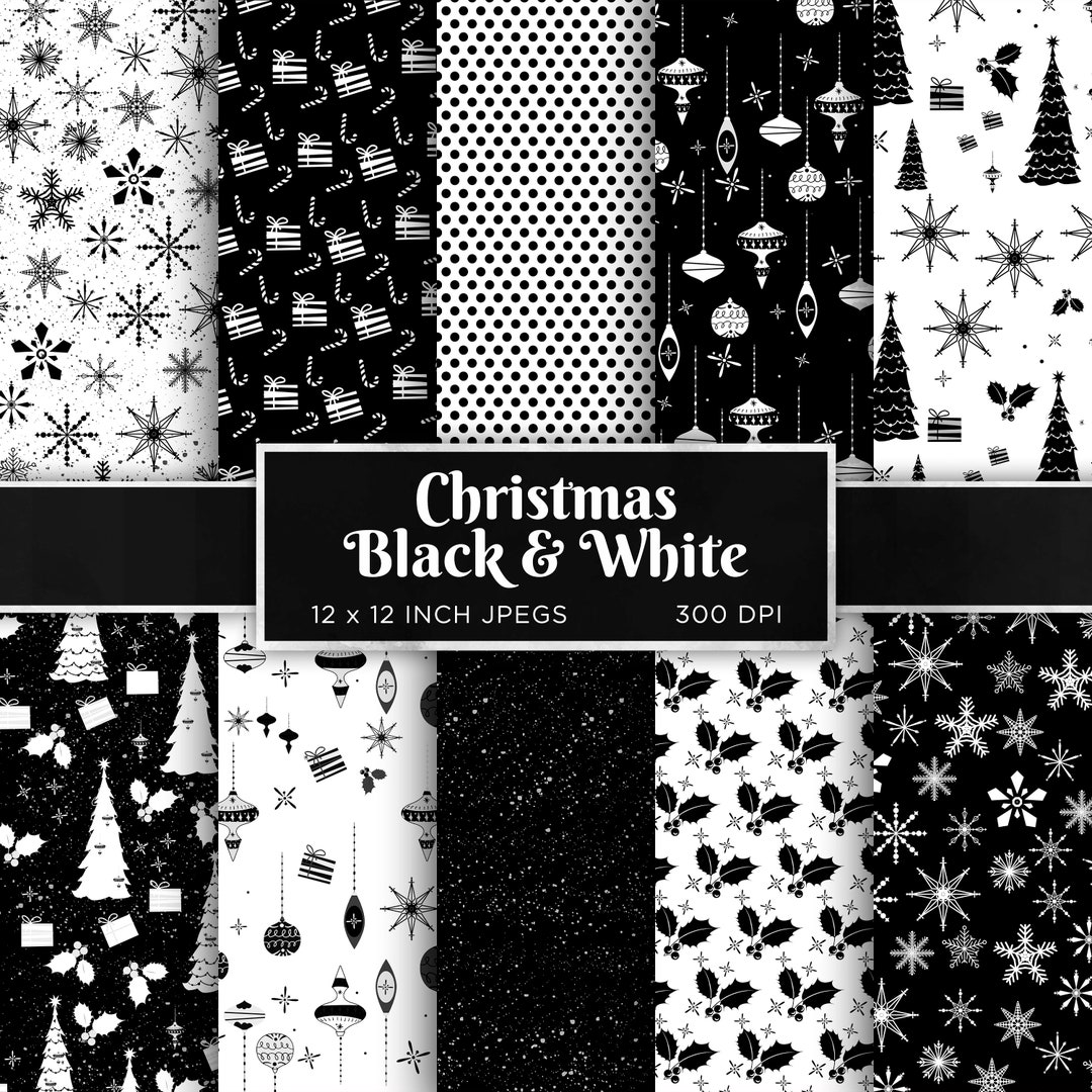Christmas Black White Digital Paper Tree Xmas Digital Paper Baubles ...